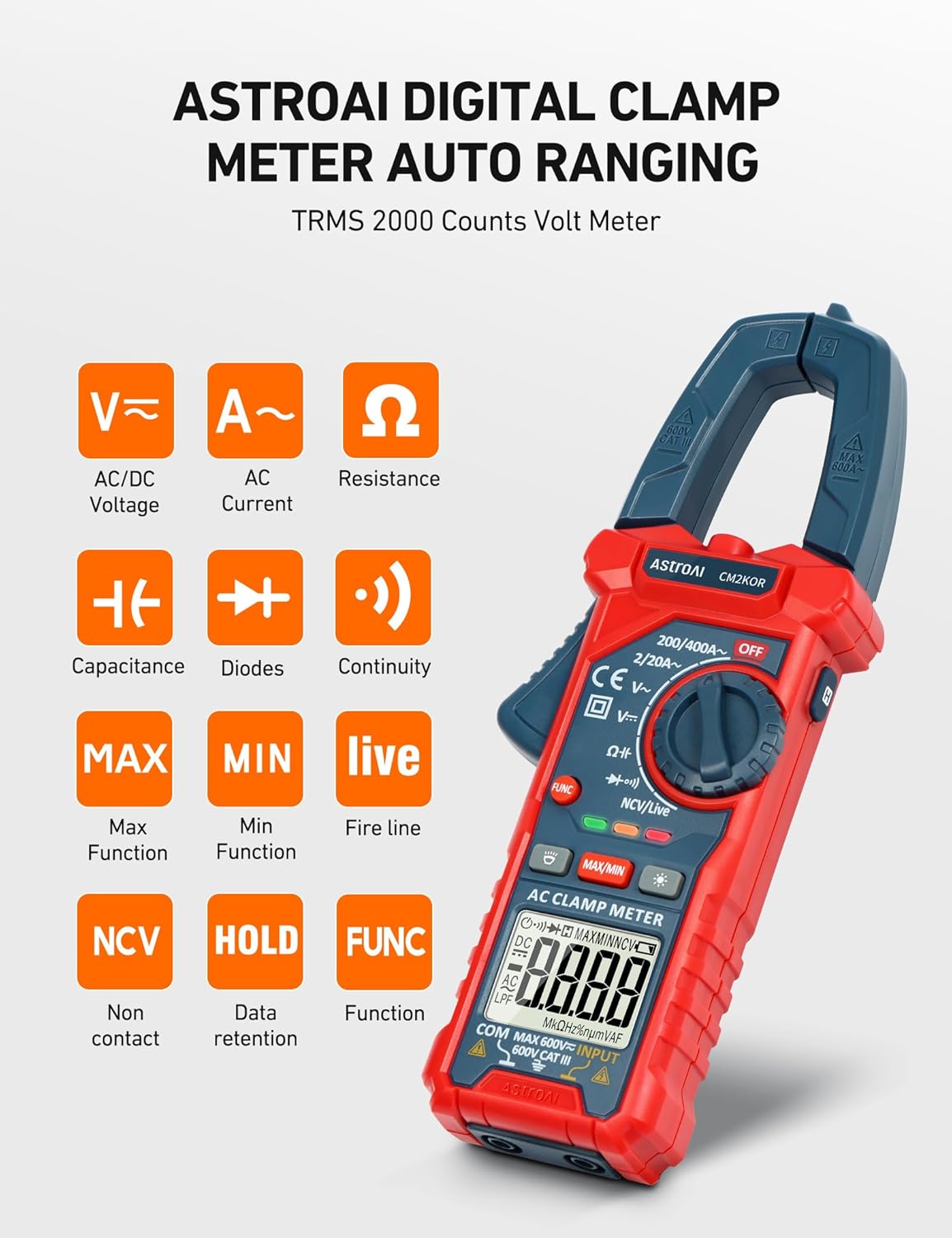 AstroAI Digital Clamp Meter Multimeter 2000 Counts Amp Voltage Tester ...